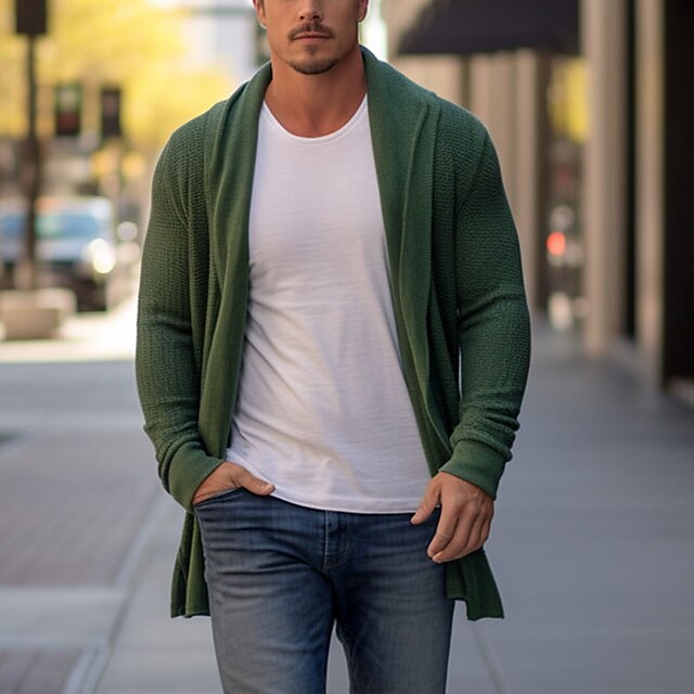 Men's Cardigan Sweater Fall Sweater Ribbed Regular Plain Shawl Collar ...