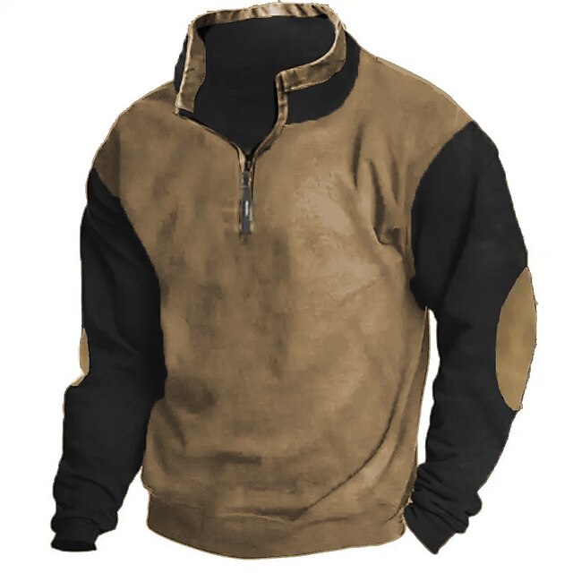 Homme Sweat Shirt Sweat Zippé Marron Demi Fermeture éclair Bloc De