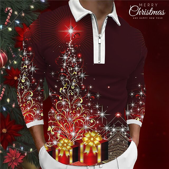 Christmas Tree Men's Casual Print 3D Zip Polo Golf Polo Outdoor Casual ...