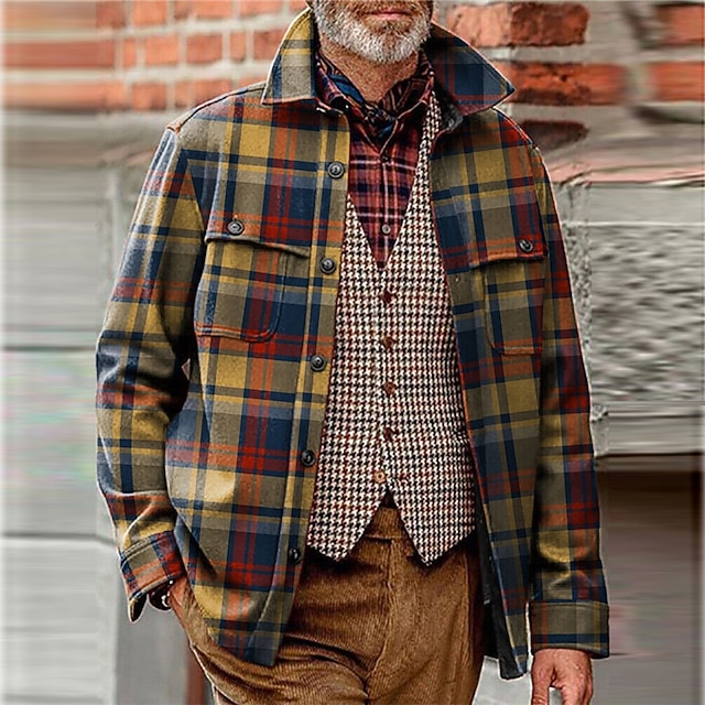Plaid Color Block Vintage Men's Shirt Shirt Jacket Shacket Outdoor ...