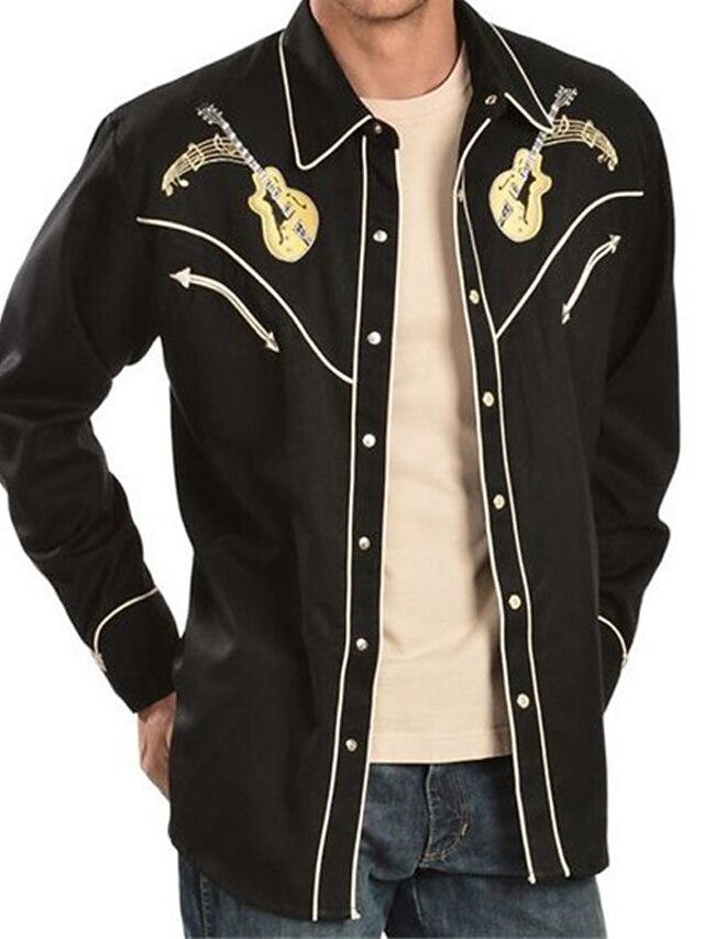 Homme Chemise Chemise Western Imprimés Photos Guitare Col rabattu Noir ...