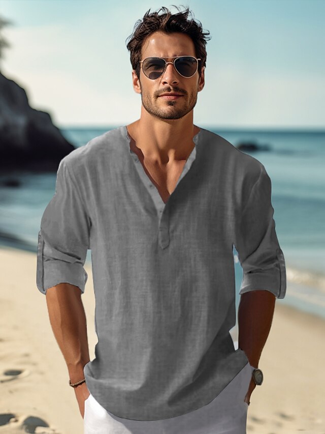 Men's Linen Shirt Casual Shirt Beach Shirt Henley Shirt Black White ...