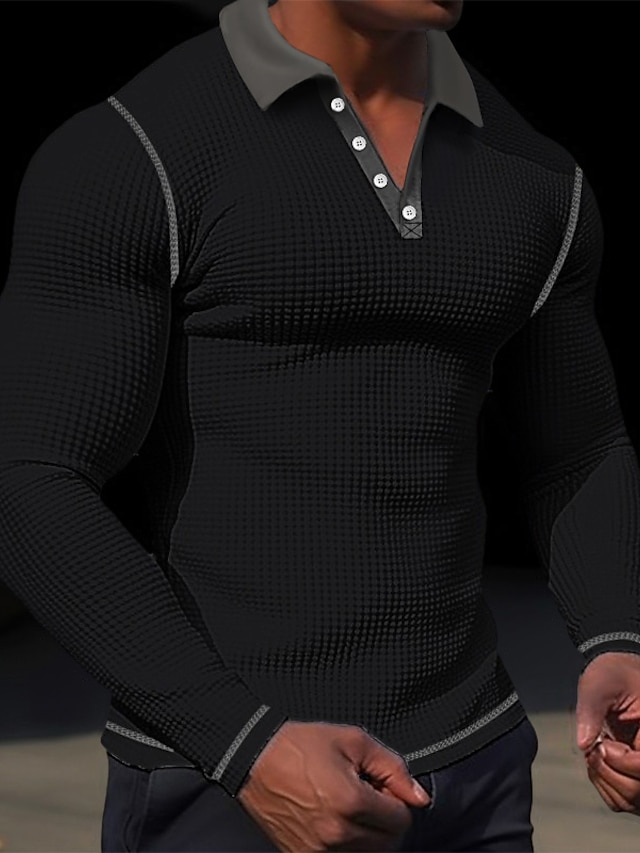Men's Button Up Polos Polo Shirt Casual Sports Lapel Long Sleeve Fashion Basic Color Block ...