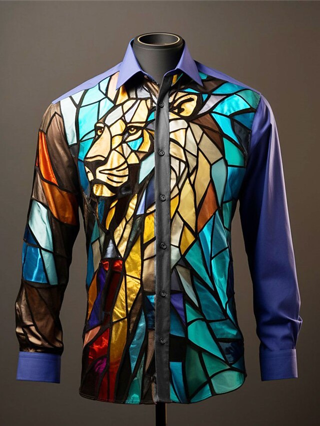 Bloc de couleur Lion Coloré Artistique Abstrait Homme Chemise Usage quotidien Sortie Automne ...