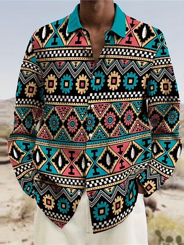 Bloc de couleur Géométrie Rétro Vintage Tribal Homme Chemise Usage quotidien Sortie Automne ...