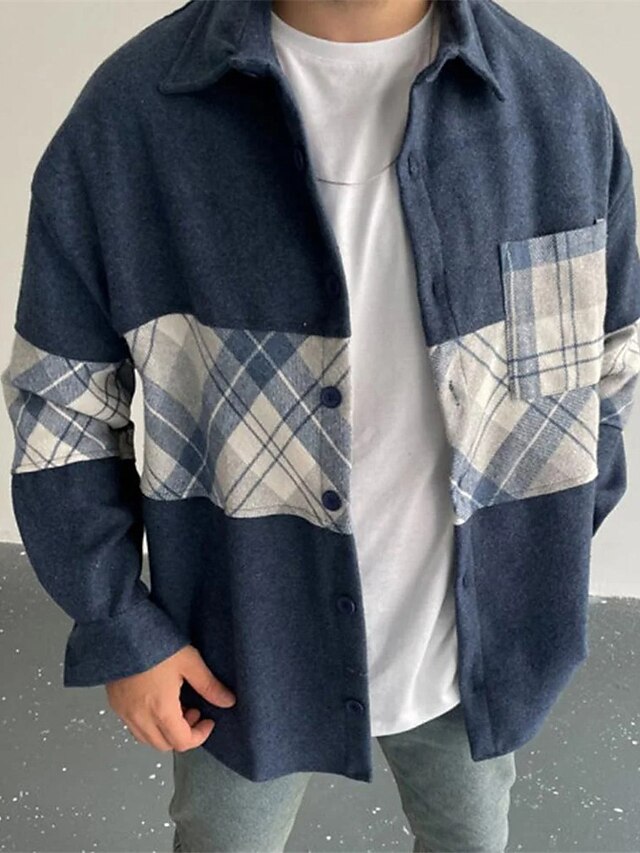 Men's Shacket Dark Blue Long Sleeve Lapel Fall & Winter Daily Wear ...