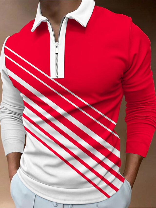Striped Geometry Men's Casual Print 3D Zip Polo Golf Polo Outdoor ...