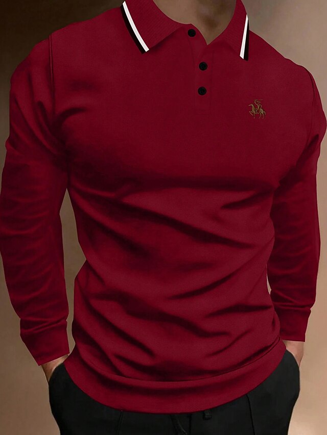 Men's Polo Shirt Button Up Polos Casual Sports Lapel Long Sleeve Fashion Basic Plain Embroidery ...