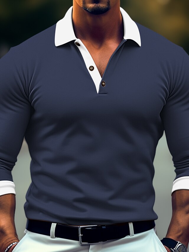 Men's Polo Shirt Button Up Polos Work Business Lapel Long Sleeve ...