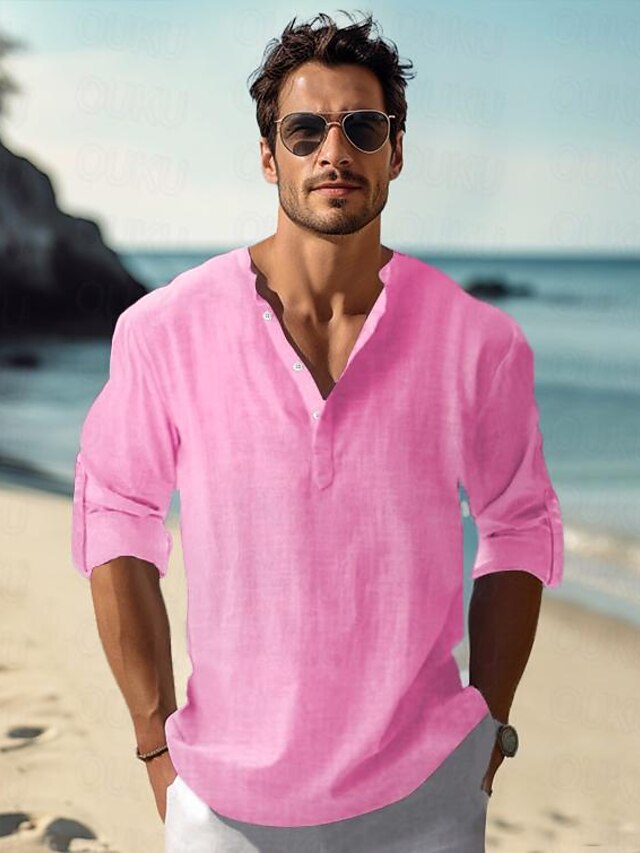 Men's Linen Shirt Casual Shirt Beach Shirt Henley Shirt Black White ...