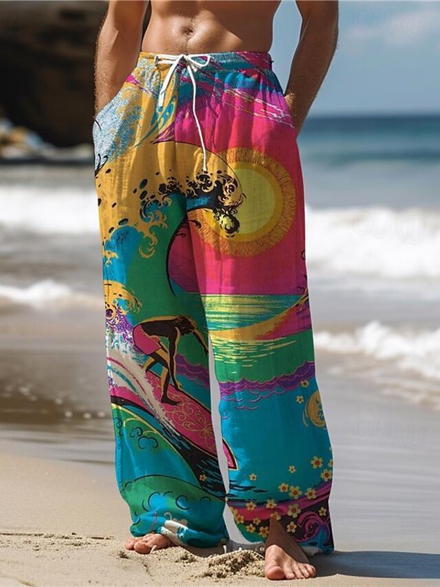 Mens Hawaiian Surfing Pants 3d Print Straight Leg Trousers Mid Waist